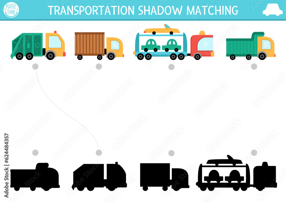 Transportation shadow matching activity. Transport puzzle with cute ...