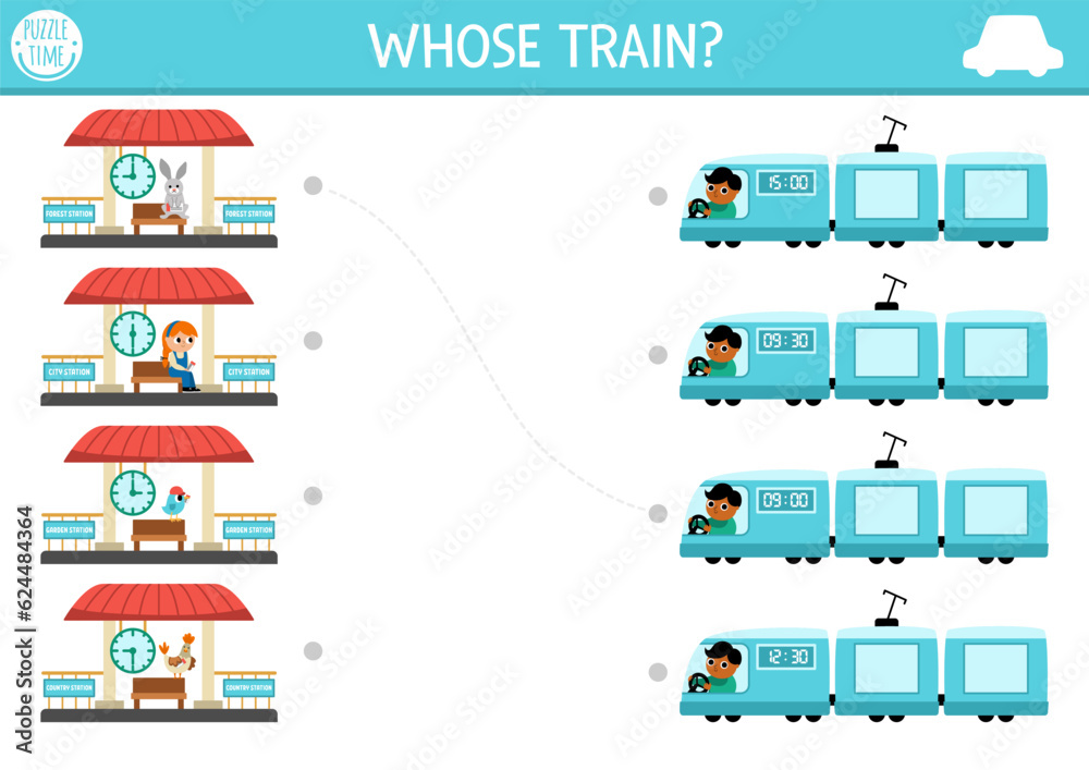 Transportation matching activity with cute train, passengers, station ...