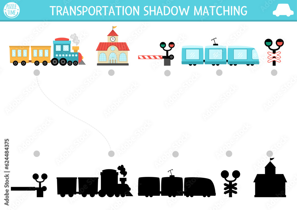 Transportation shadow matching activity. Railway transport puzzle with ...