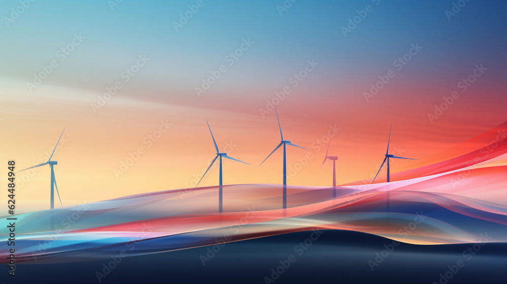 Minimalist photo - realistic illustration of a wind farm, vibrant ...