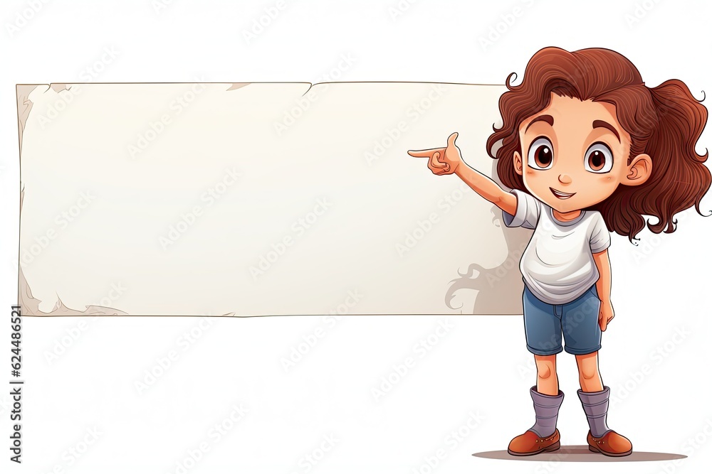 Cartoon illustration of a cute girl pointing her finger at a blank ...