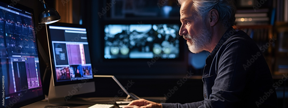 Focused older individual in glasses working on computer looking at programming code data. Older ...
