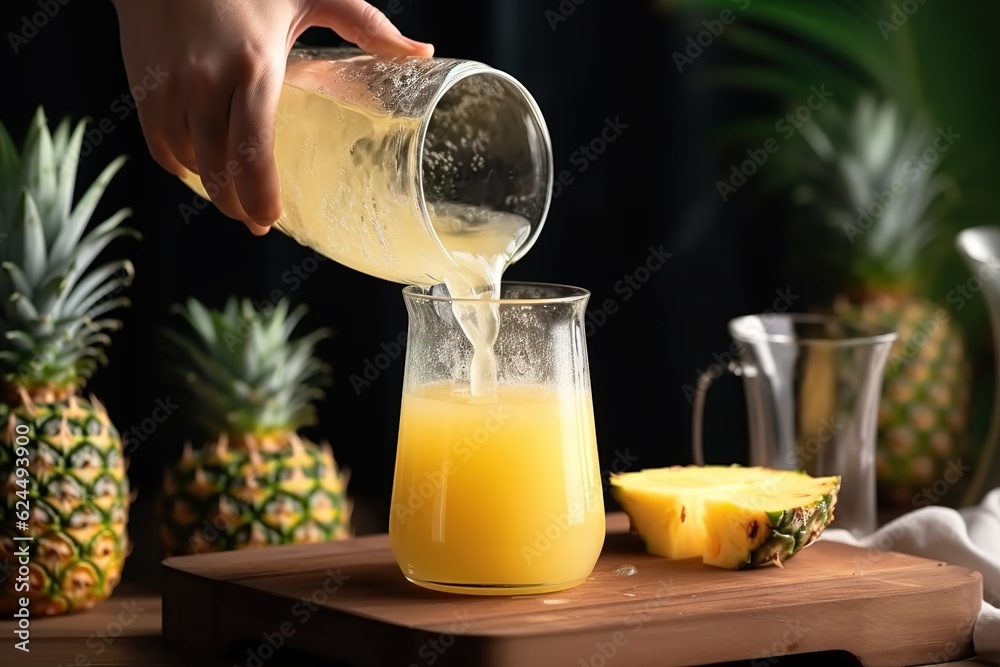 Woman pouring pineapple juice from jug into glass. Stock Photo | Adobe Stock