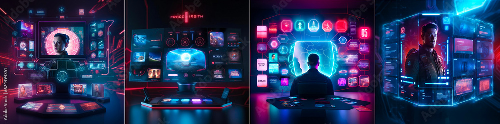 The immersive holographic interface features 3D posters of each show in ...