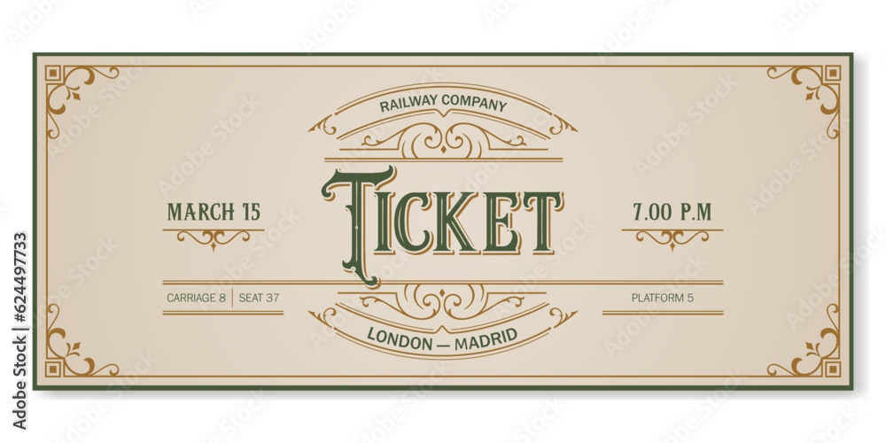 Vintage train ticket template on a light background. For excursion ...