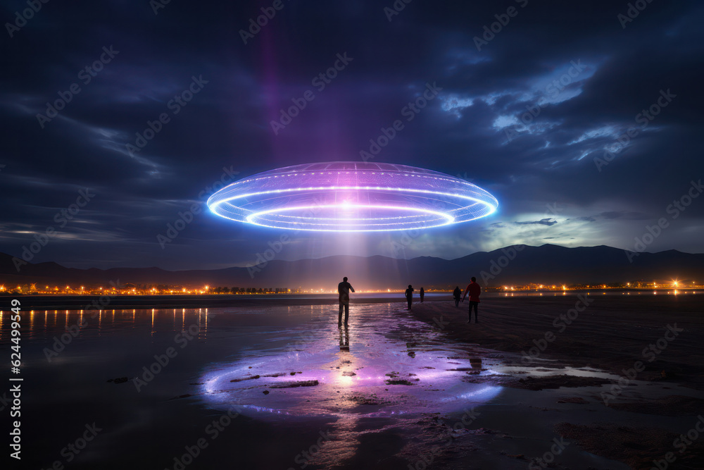 Striking silhouette of a man stepping out of an alien aircraft against ...