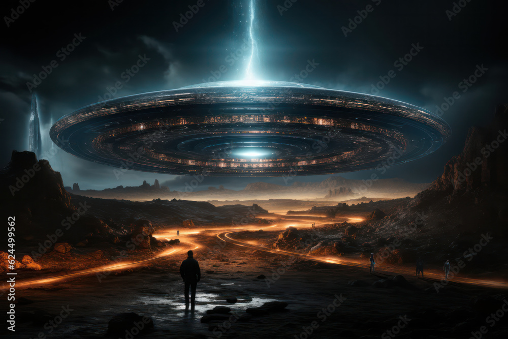 Striking silhouette of a man stepping out of an alien aircraft against ...