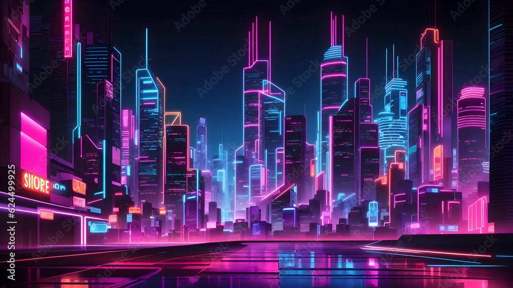 Blue Night city lights. Neon urban future. Rainy Futuristic city in a ...