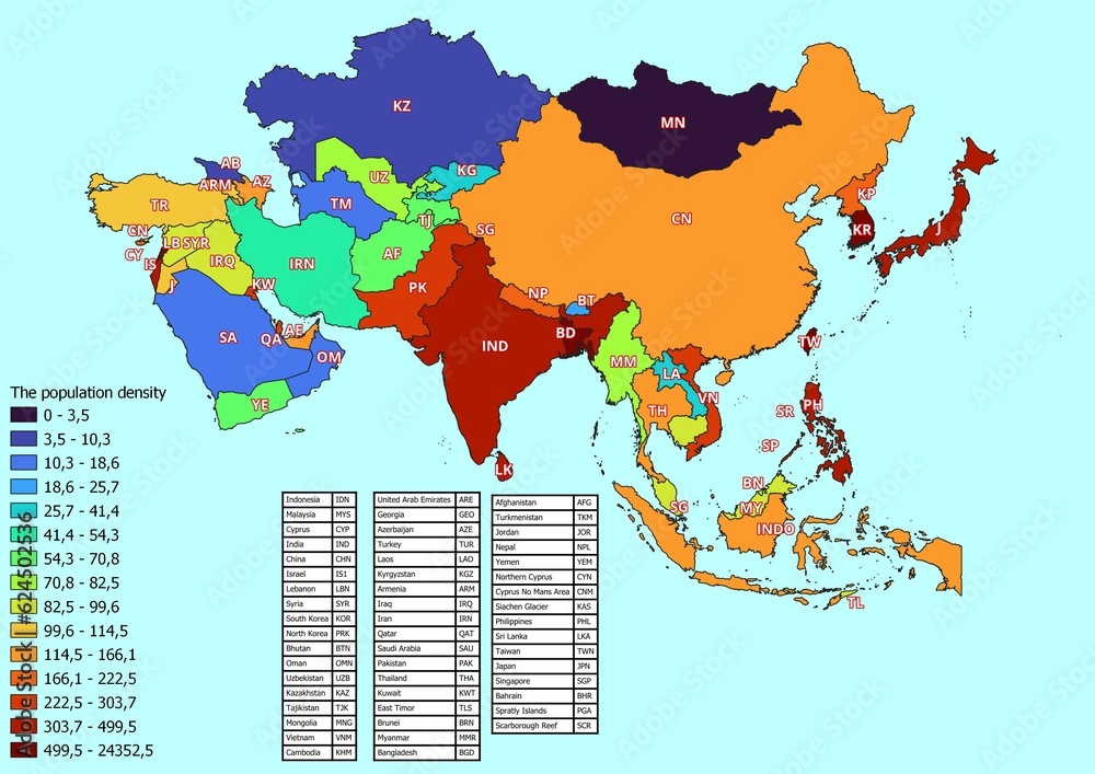 Asia map with countries classified by population density Stock ...
