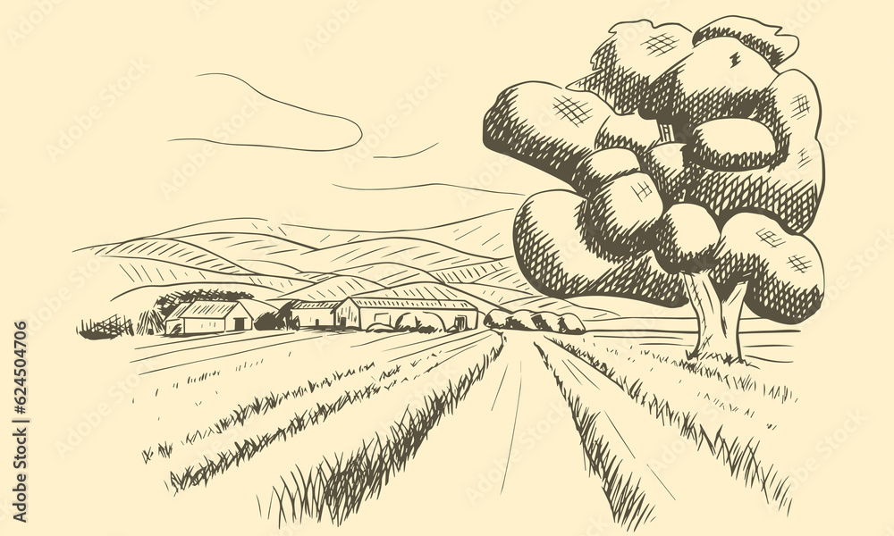 Rural landscape, hand drawn sketch vector illustration. Stock Vector ...
