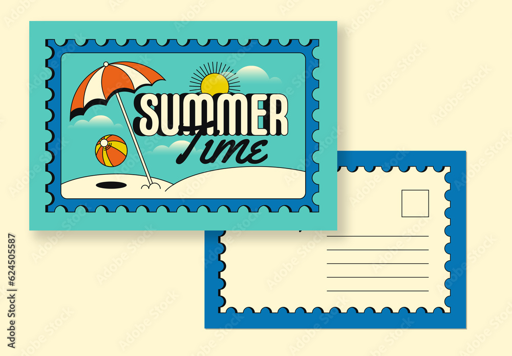 Blue Retro Summer Postcard Layout Stock Template | Adobe Stock
