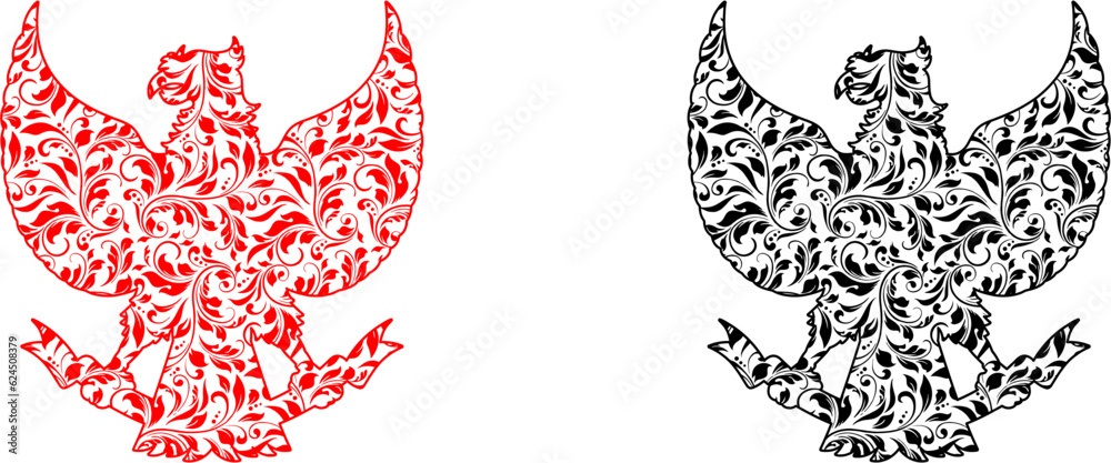 garuda logo (black & red) silhouette with floral pattern on transparent ...