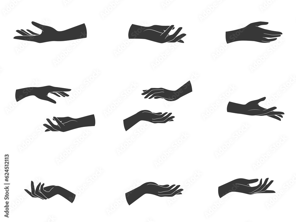 Collection of hands poses. Hands black shapes set. Illustration on ...