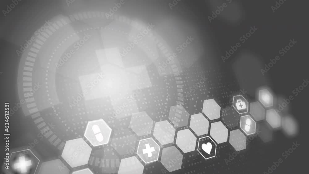 Hexagon medical icons on grey animated scientific background. Cross ...