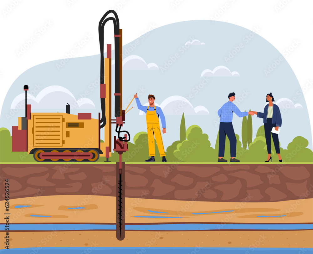 People drilling wells concept. Geological excavations. Well, liquid ...