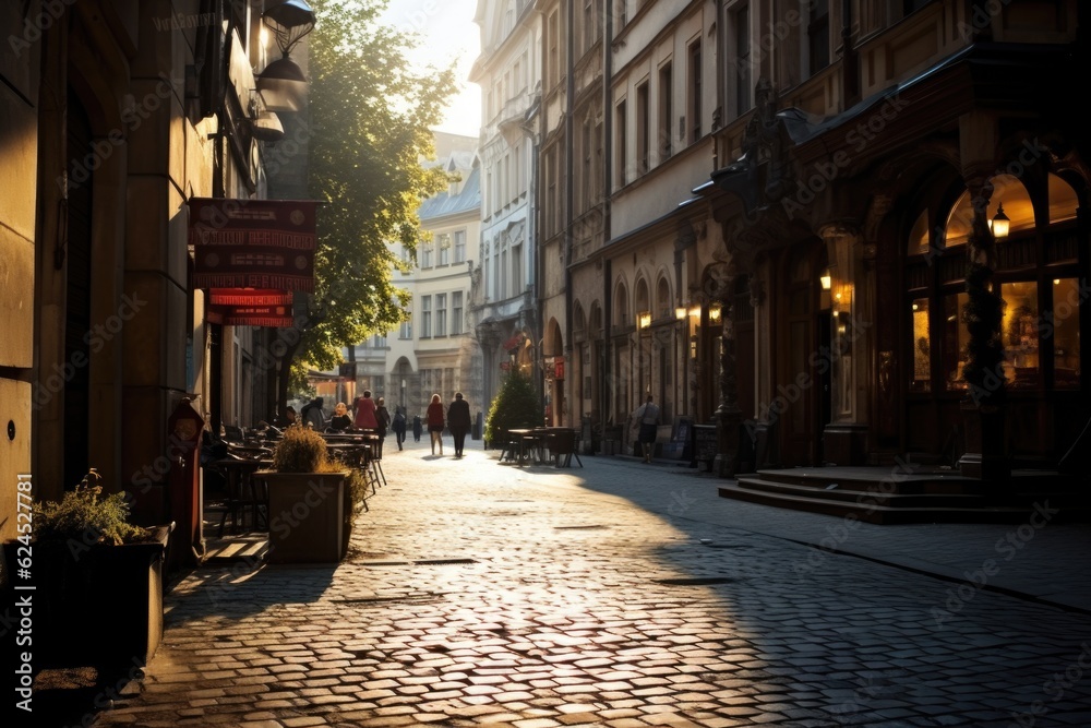 European Street with Old Stone Buildings and Clean Cobbled Paths ...