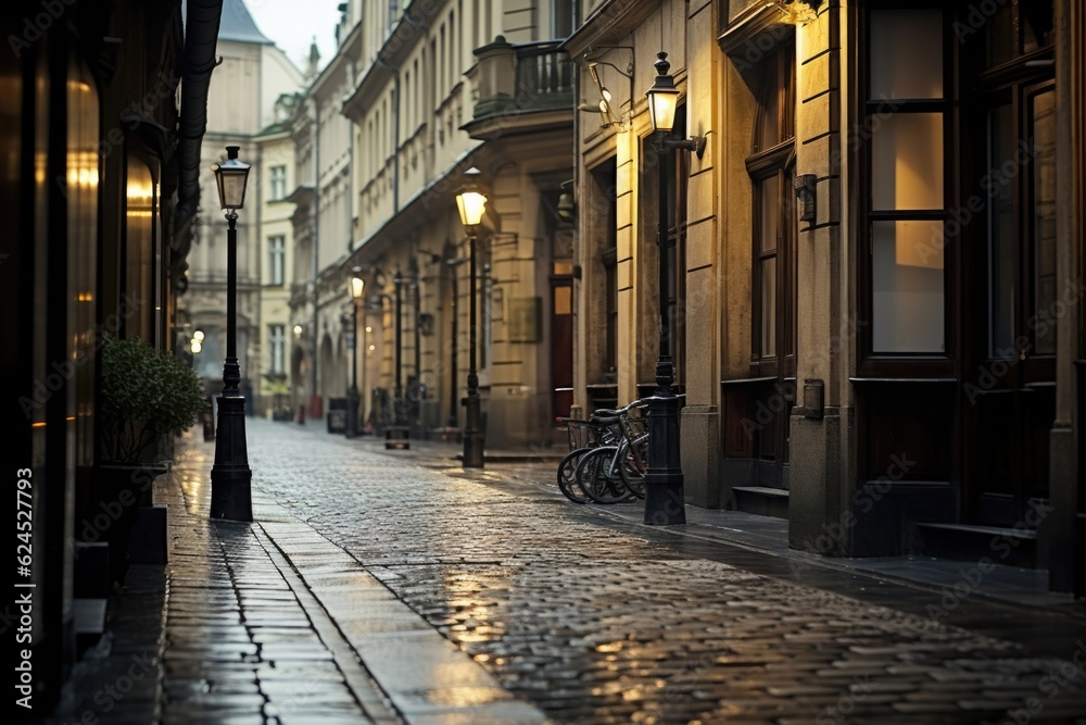 European Street with Old Stone Buildings and Clean Cobbled Paths ...