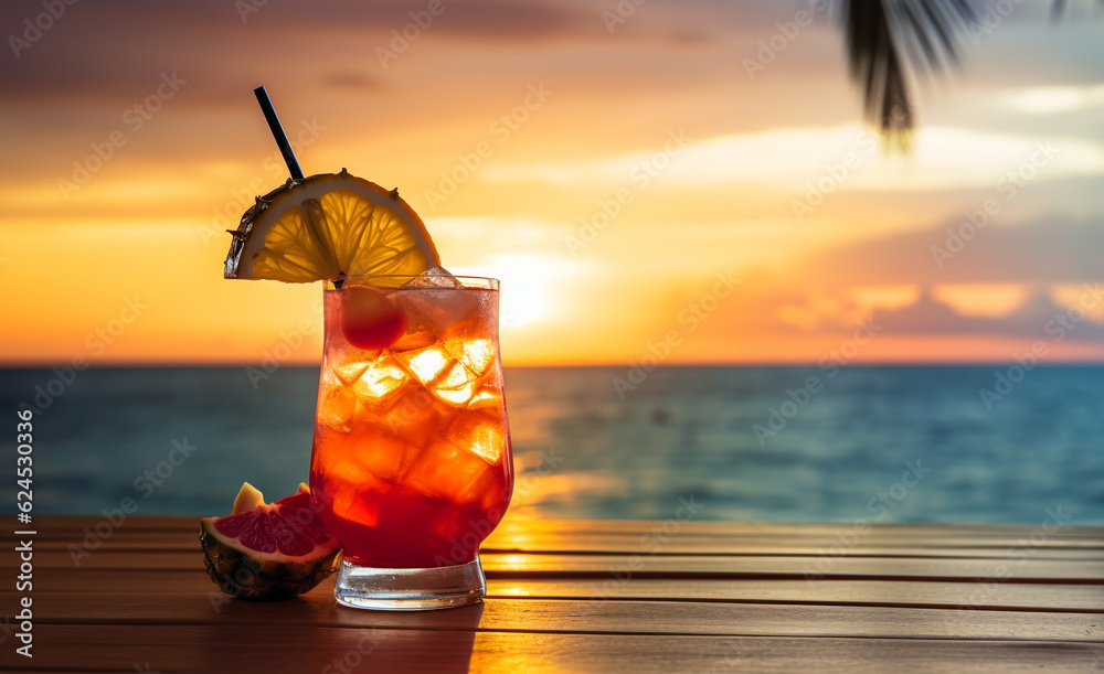 cocktail on a beach cafe table on a tropical island during sun set ...