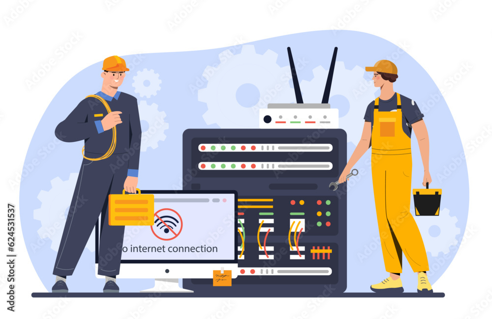 Disconnecting Internet concept. Men in uniform repairing router, fixing ...