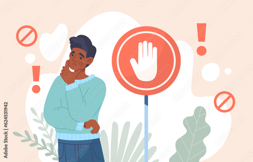 Man with forbidden gesture concept. Young guy near red sign with hand ...