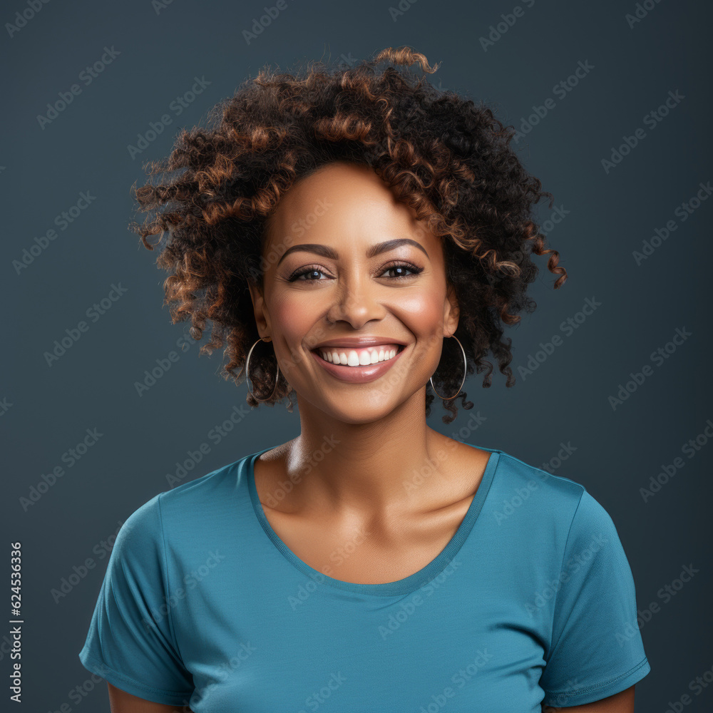 Portrait of a smiling middle aged African woman with short brown hair ...