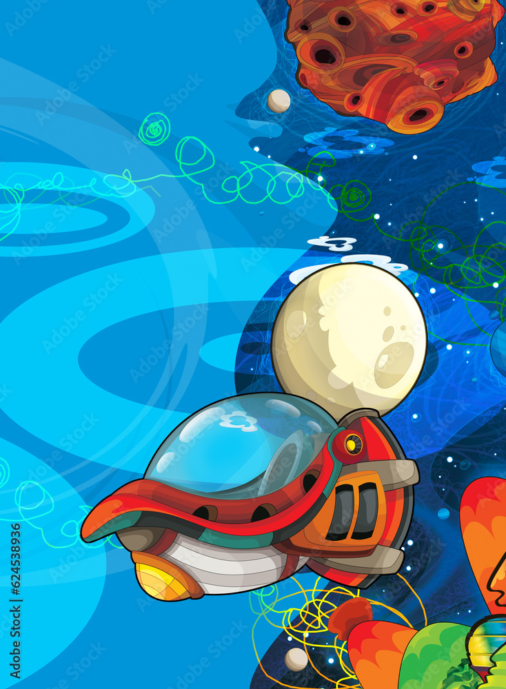 Cartoon funny colorful scene of cosmos galactic alien ufo space craft ...