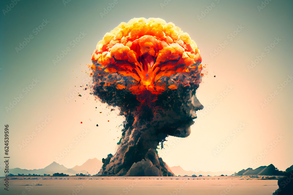 Fear of nuclear war concept. Double exposure. Human head Stock ...