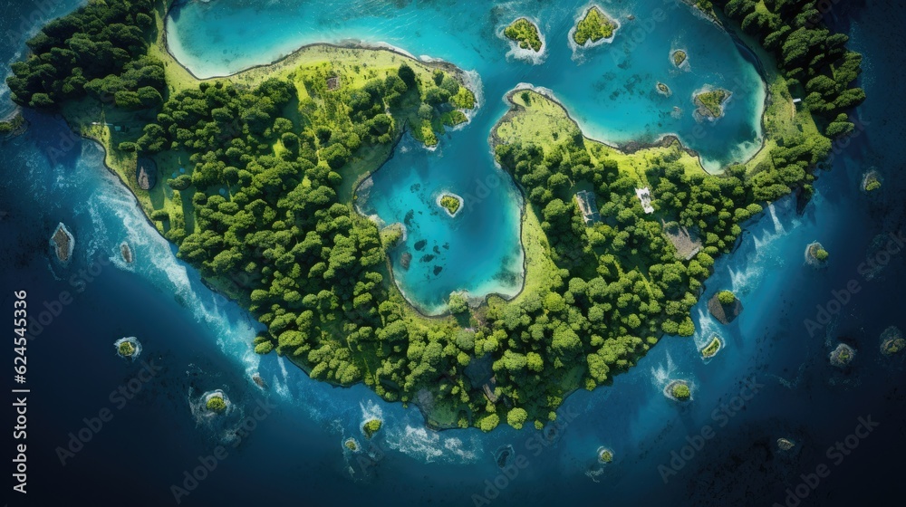 an Aerial top view of a Beautiful Island, in an Azure sea surrounded by ...