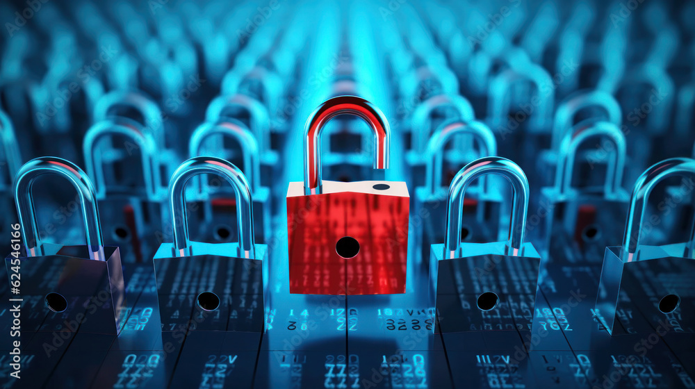 Cybersecurity Breach, Red Padlock Unlocked Among Blue Ones in Rows ...