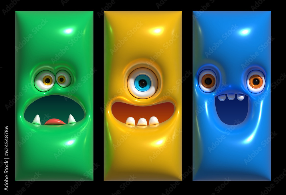 Inflatable monster faces set. Inflated 3D Halloween monster faces or ...