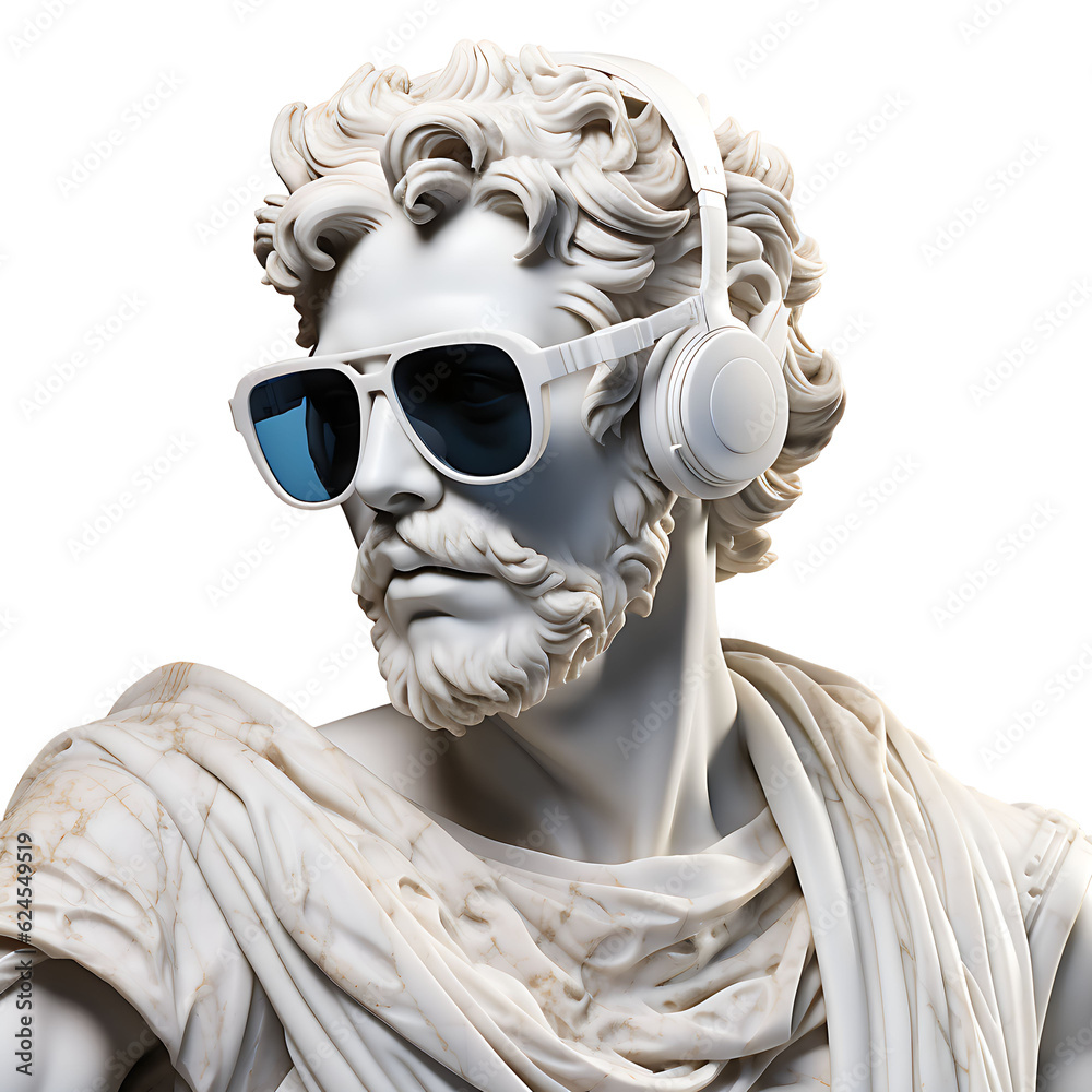 Ancient greek sculpture wearing headphones and sunglasses, fashion ...