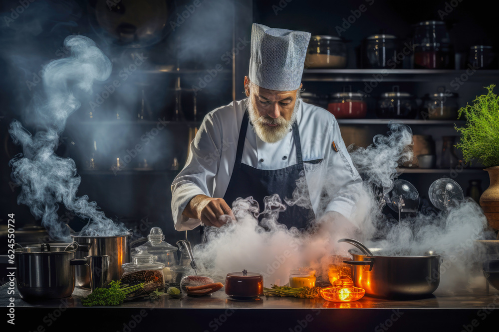 Restaurant chef expertly handling a food smoking apparatus in a kitchen ...