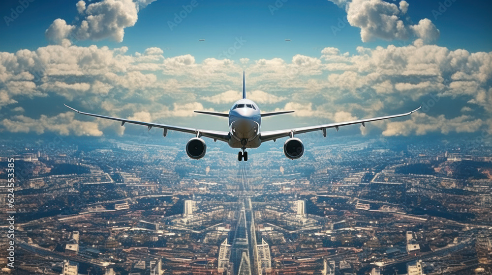 Airplane in the blue sky with clouds from below, a high-flying ...