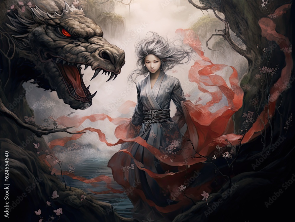 Legendary Chinese Dragon and a Silver Haired Woman in traditional Hanfu ...
