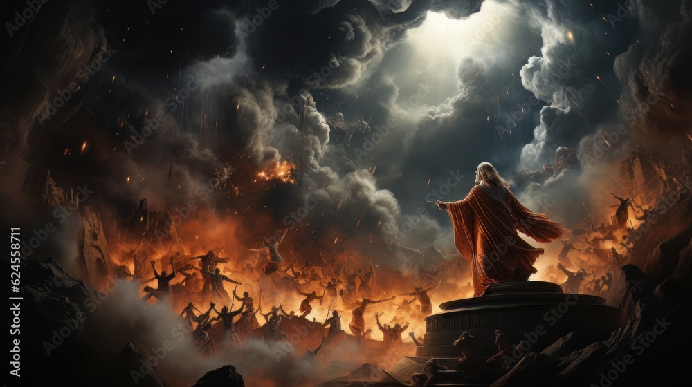 Judgment Day. Angry God stands against the backdrop of blazing fiery ...