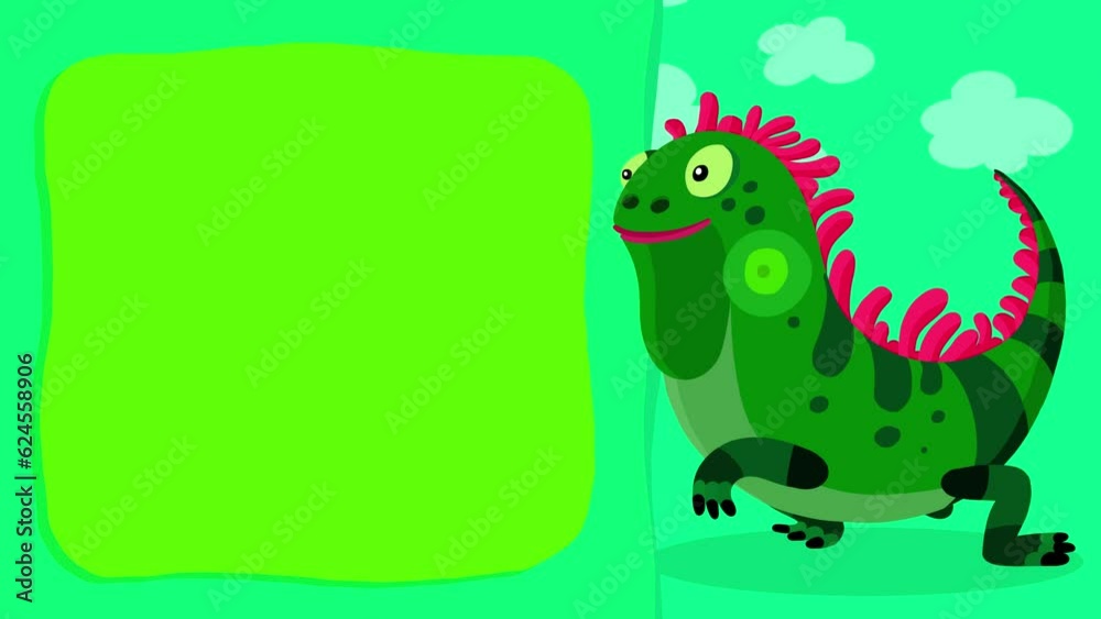 Cartoon character green iguana lizard walking loop animation for titles ...
