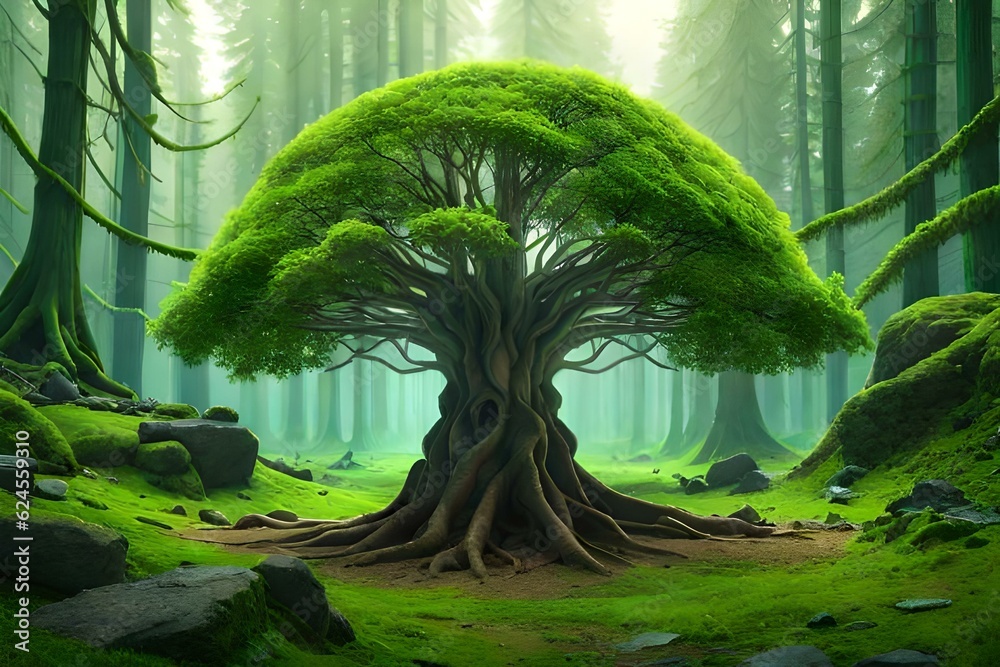 Foto de Ancient banyan tree with sprawling roots in the jungle - AI Generative do Stock | Adobe ...