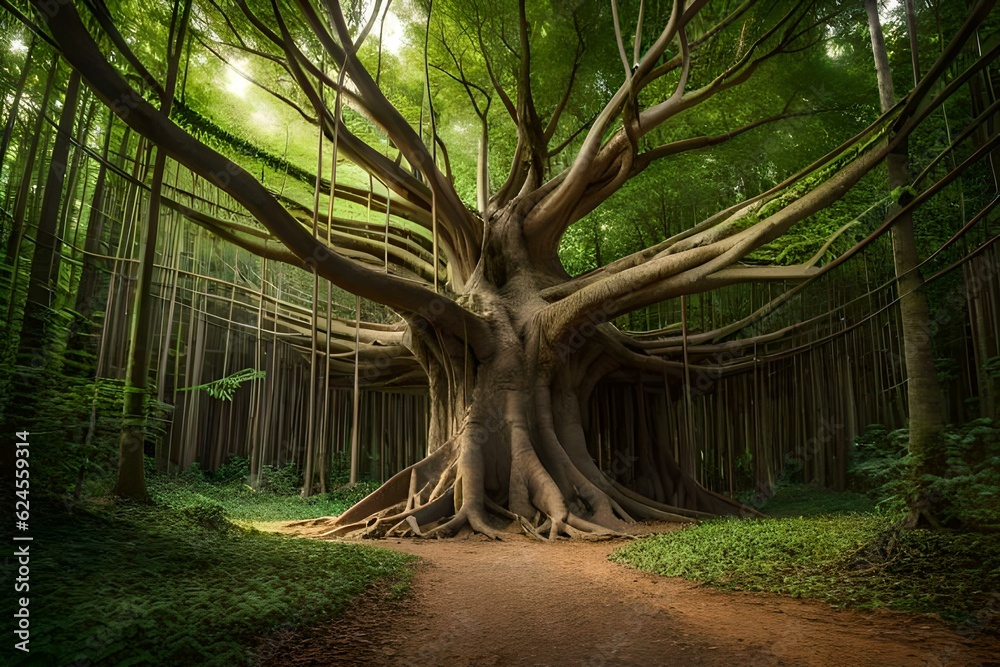 Ancient banyan tree with sprawling roots in the jungle - AI Generative foto de Stock | Adobe Stock