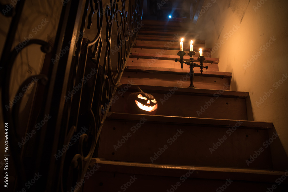 Inside of old creepy abandoned mansion. Silhouette of horror ghost ...
