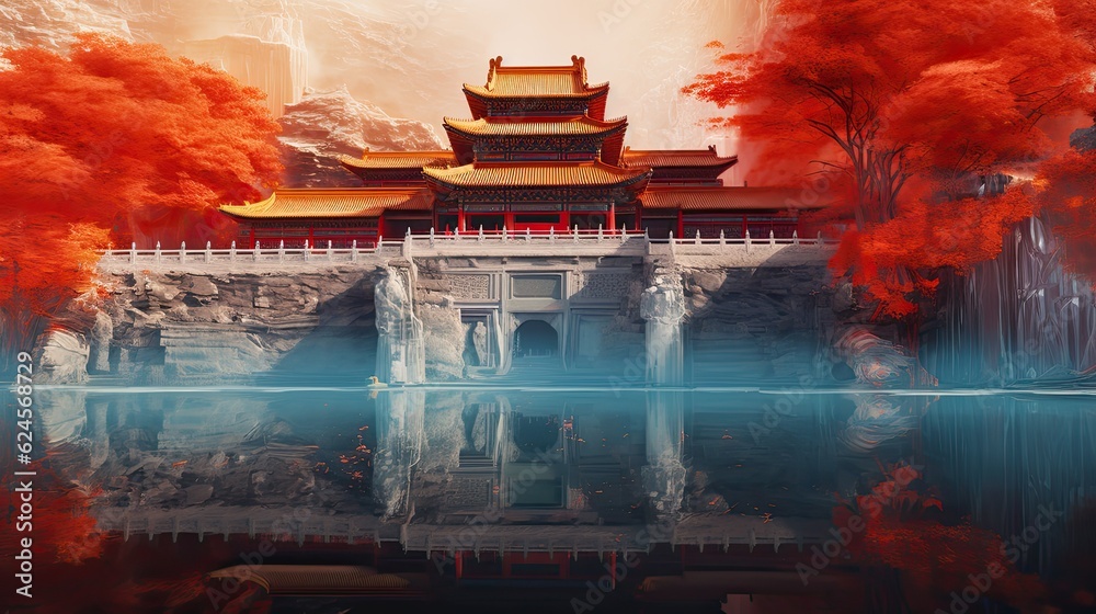 Lost Chinese Palace Reflecting on the Lake in a Dark Red Forest ...