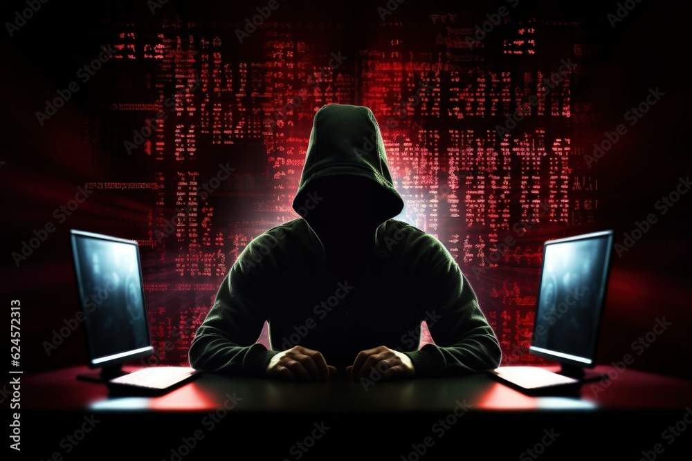 Silhouette of a man in a sweatshirt working on a computer with lines of ...