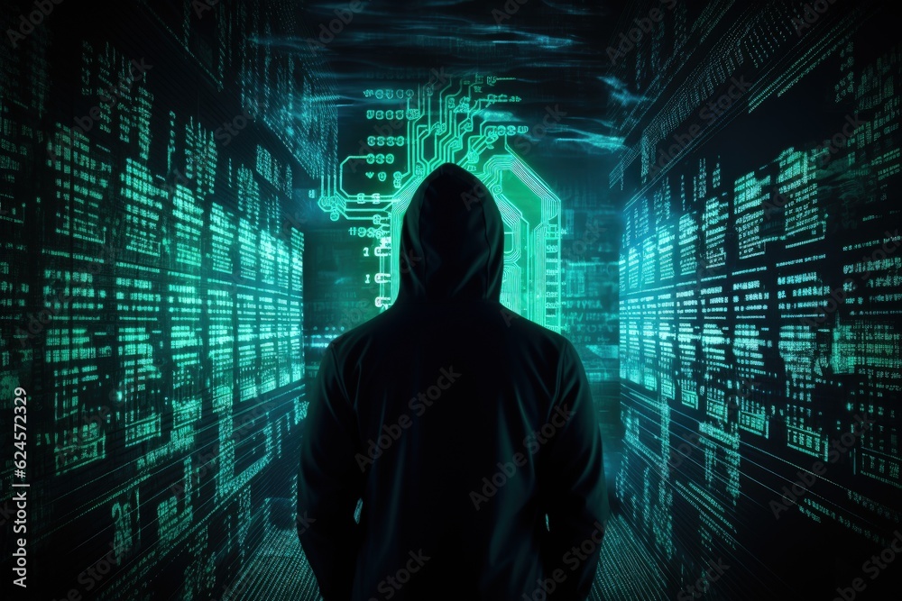 Silhouette of a man in a sweatshirt working on a computer with lines of ...