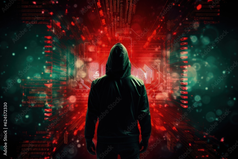 Silhouette of a man in a sweatshirt working on a computer with lines of ...