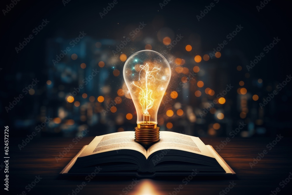 Open book with light bulb on top of table, concept of idea and ...