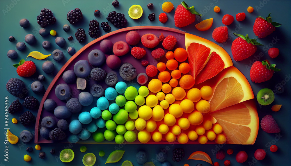 Beautiful multicolored composition made of different berries and fruits ...