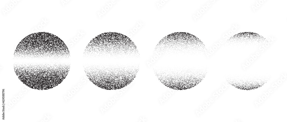 Set of textured linear gradient circles. Black dotted fading spheres ...