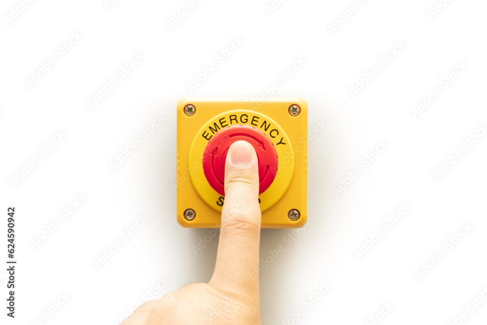 Stop Button and the Hand of Worker About to Press it. emergency stop ...
