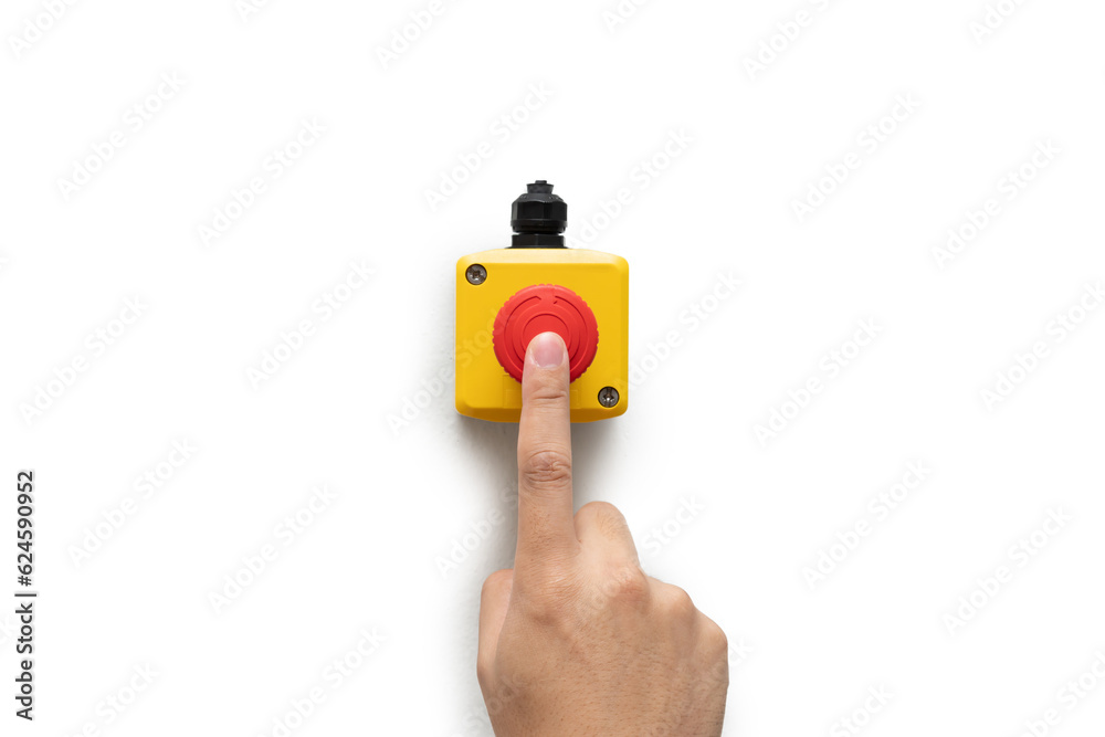 Stop Button and the Hand of Worker About to Press it. emergency stop ...