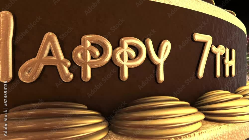 7th birthday cake animation 3d render in chocolate gold with confetti ...