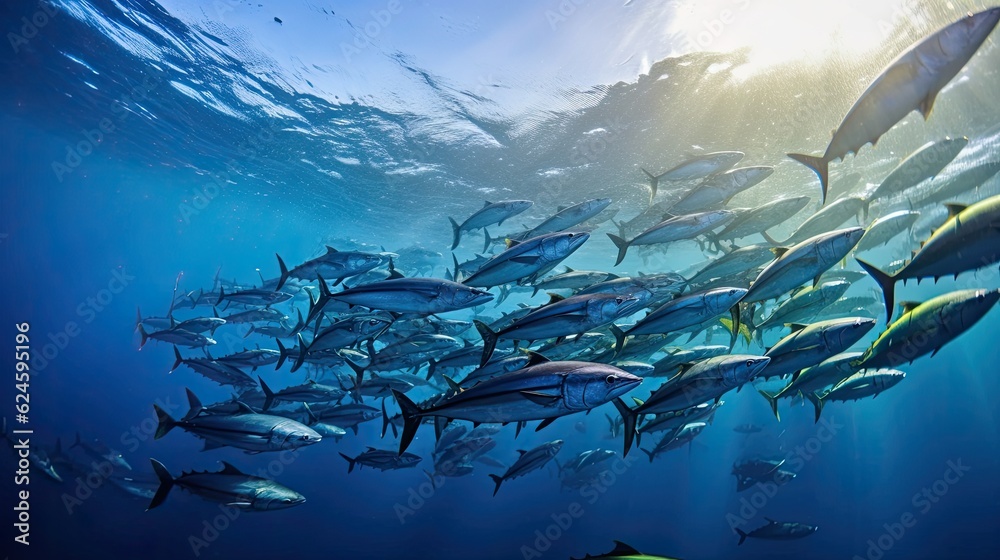 Tuna fish in the ocean. School of tuna fish in the ocean. Tuna ...